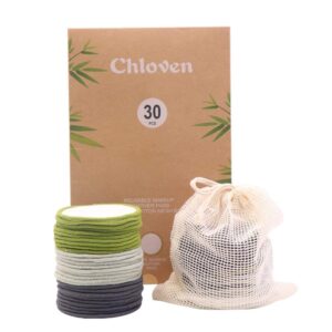 chloven 30 pack reusable makeup remover pads - bamboo cotton rounds for toner, washable, eco-friendly for all skin types with cotton laundry bag