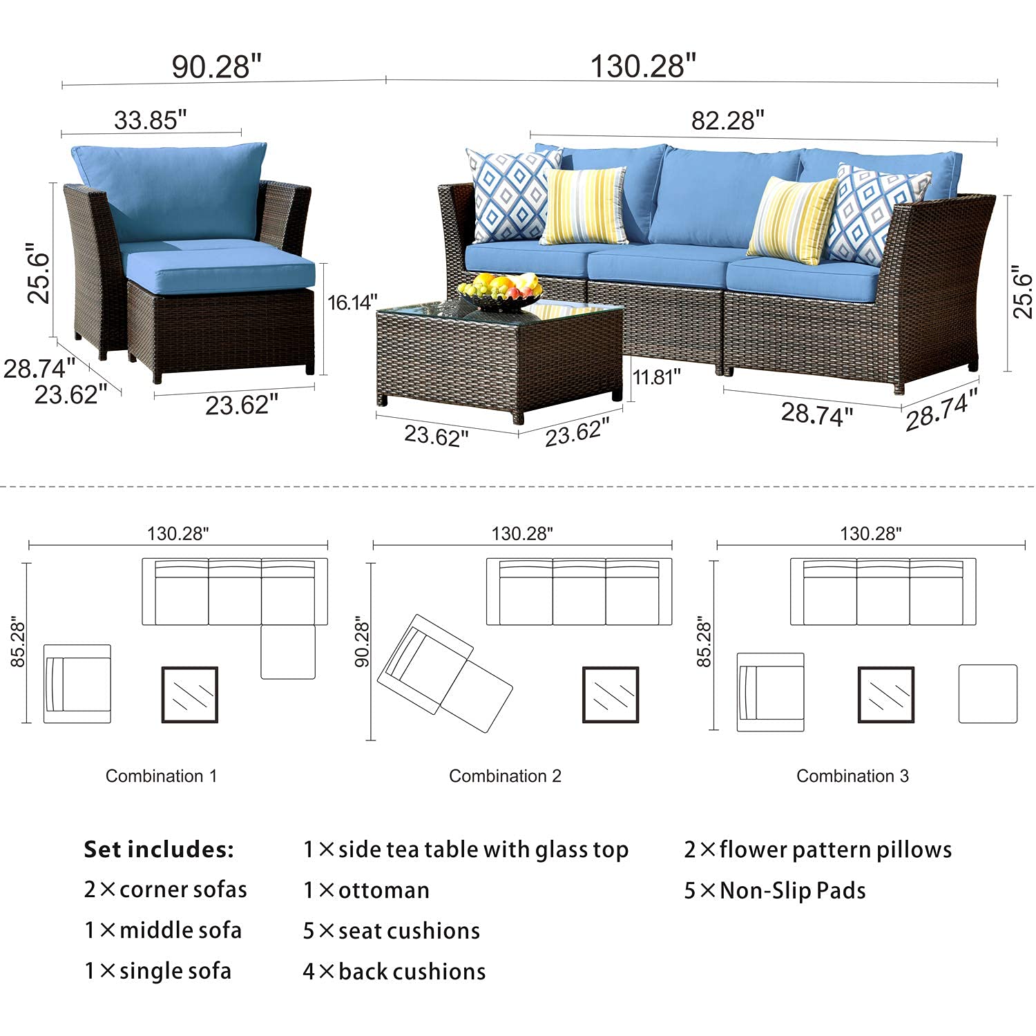 ovios Patio Furniture Set 6 Piece Fully Assembled Outdoor Furniture Conversation Set All Weather High Back Sofa Rattan Wicker Sectional Sofa Set for Yard Deck Porch (Blue)