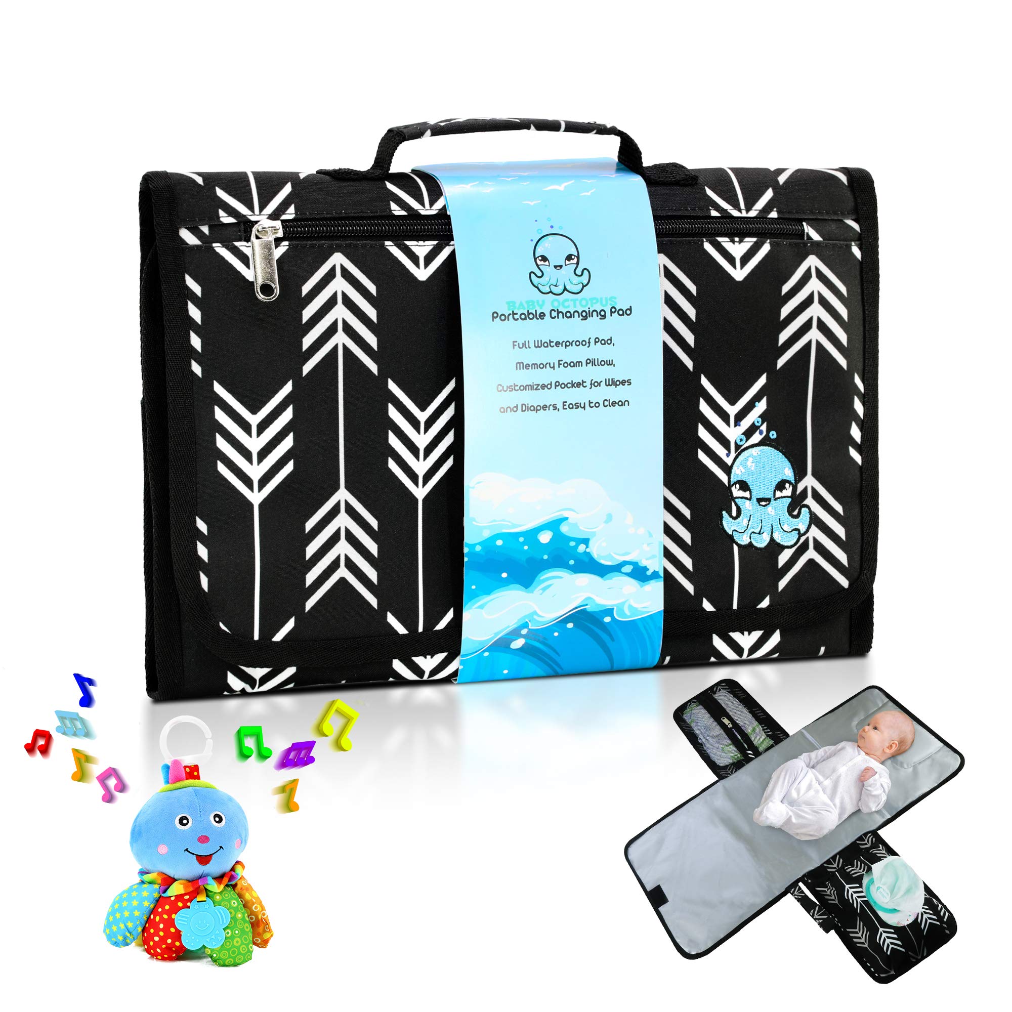 Portable Baby Changing Pad + Octopus Toy Bundle - Large Waterproof Diaper Changing Table Contoured Mattress with Soft Memory Foam Pillow – Travel-Friendly Infant Change Station Mat Set for Mom & Dad