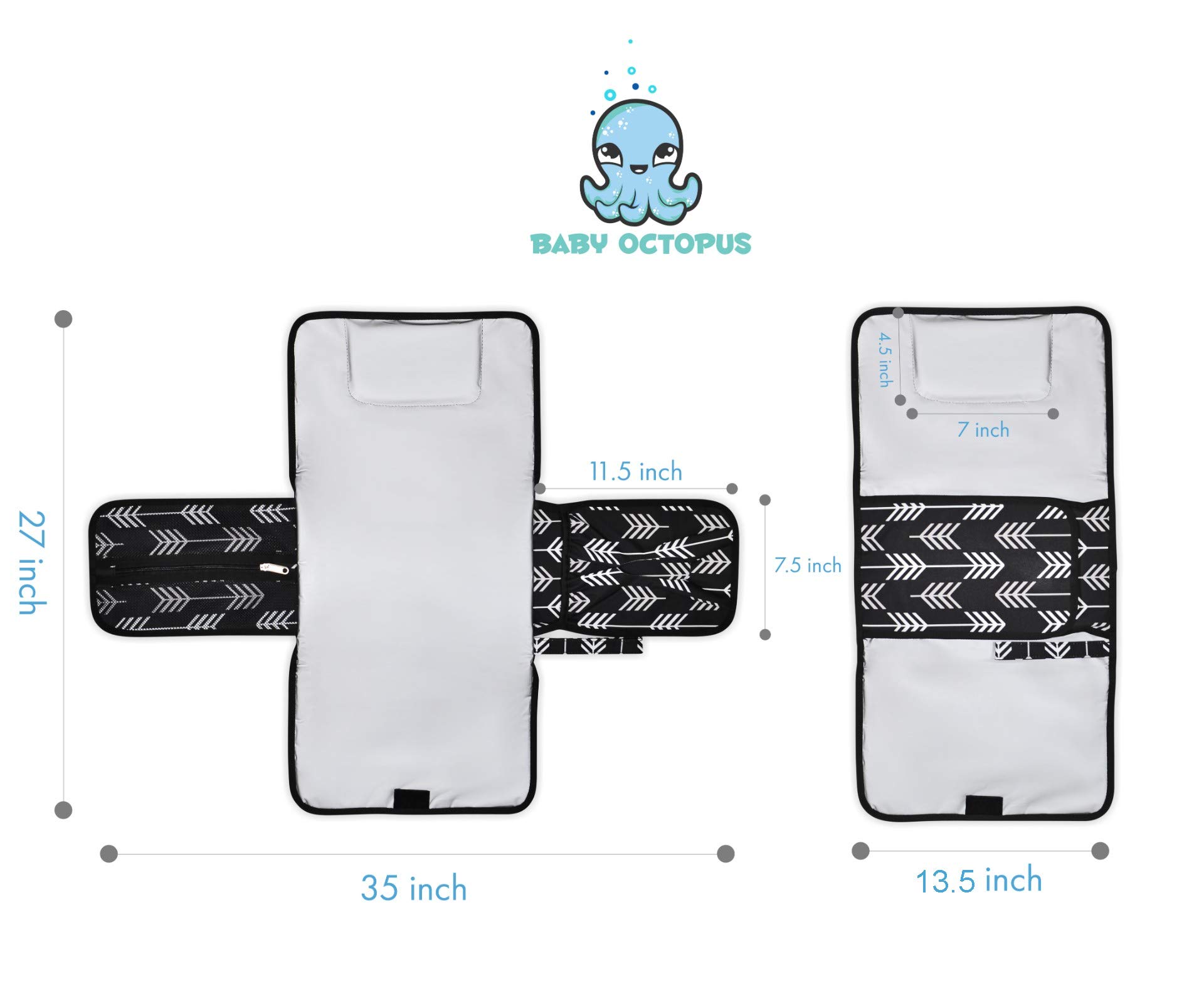 Portable Baby Changing Pad + Octopus Toy Bundle - Large Waterproof Diaper Changing Table Contoured Mattress with Soft Memory Foam Pillow – Travel-Friendly Infant Change Station Mat Set for Mom & Dad