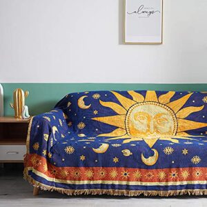 maynest sun and moon stars hippie throw blanket celestial tapestry double-sided reversible woven cotton home decor bedding chair couch recliner cover loveseat rug oversized tassels blue yellow (91x71)