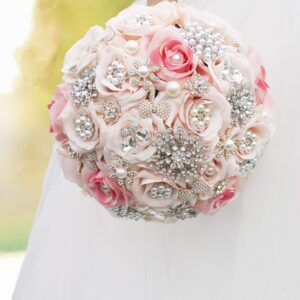 Abbie Home Brooch Jewelry Bouquet - Luxury Bridal Bouquets with Crystal Rhinestone Sparkle Pearls Rose Flowers for Wedding Quinceanera (Pink)