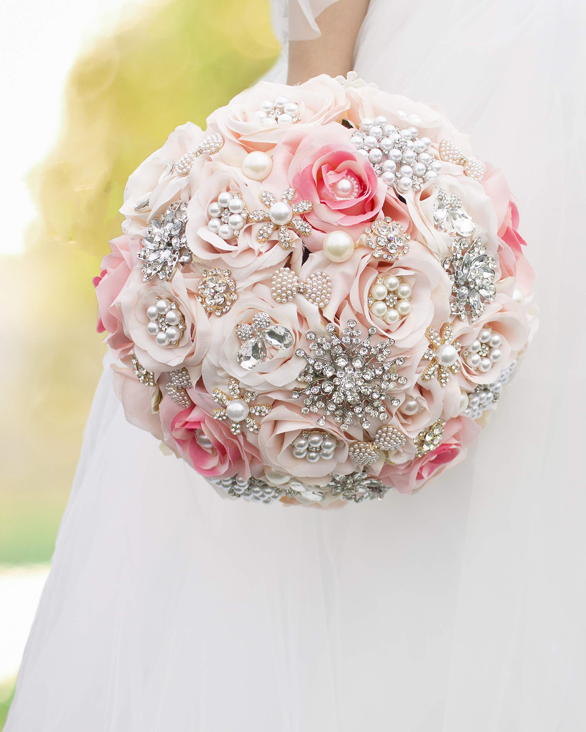 Abbie Home Brooch Jewelry Bouquet - Luxury Bridal Bouquets with Crystal Rhinestone Sparkle Pearls Rose Flowers for Wedding Quinceanera (Pink)