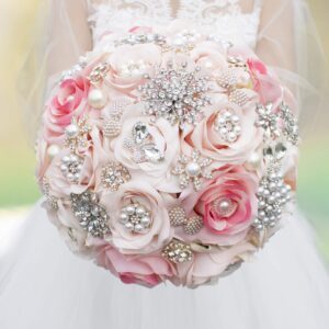 Abbie Home Brooch Jewelry Bouquet - Luxury Bridal Bouquets with Crystal Rhinestone Sparkle Pearls Rose Flowers for Wedding Quinceanera (Pink)