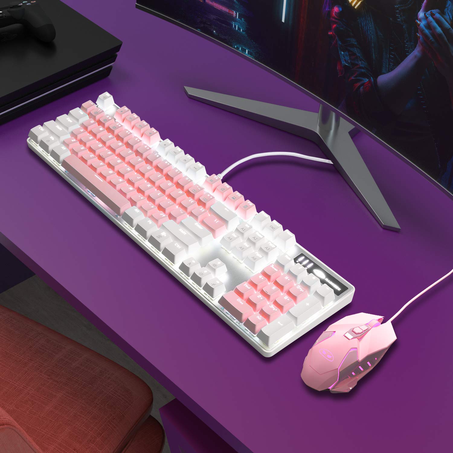 MageGee Mechanical Gaming Keyboard, New Upgraded Blue Switch 104 Keys White Backlit Keyboards, USB Wired Mechanical Computer Keyboard for Laptop, Desktop, PC Gamers(White & Pink)