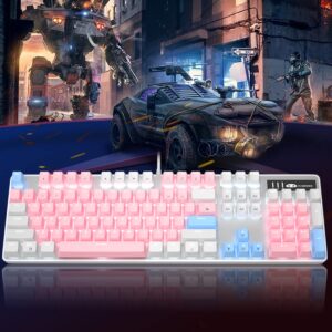 MageGee Mechanical Gaming Keyboard, New Upgraded Blue Switch 104 Keys White Backlit Keyboards, USB Wired Mechanical Computer Keyboard for Laptop, Desktop, PC Gamers(White & Pink)