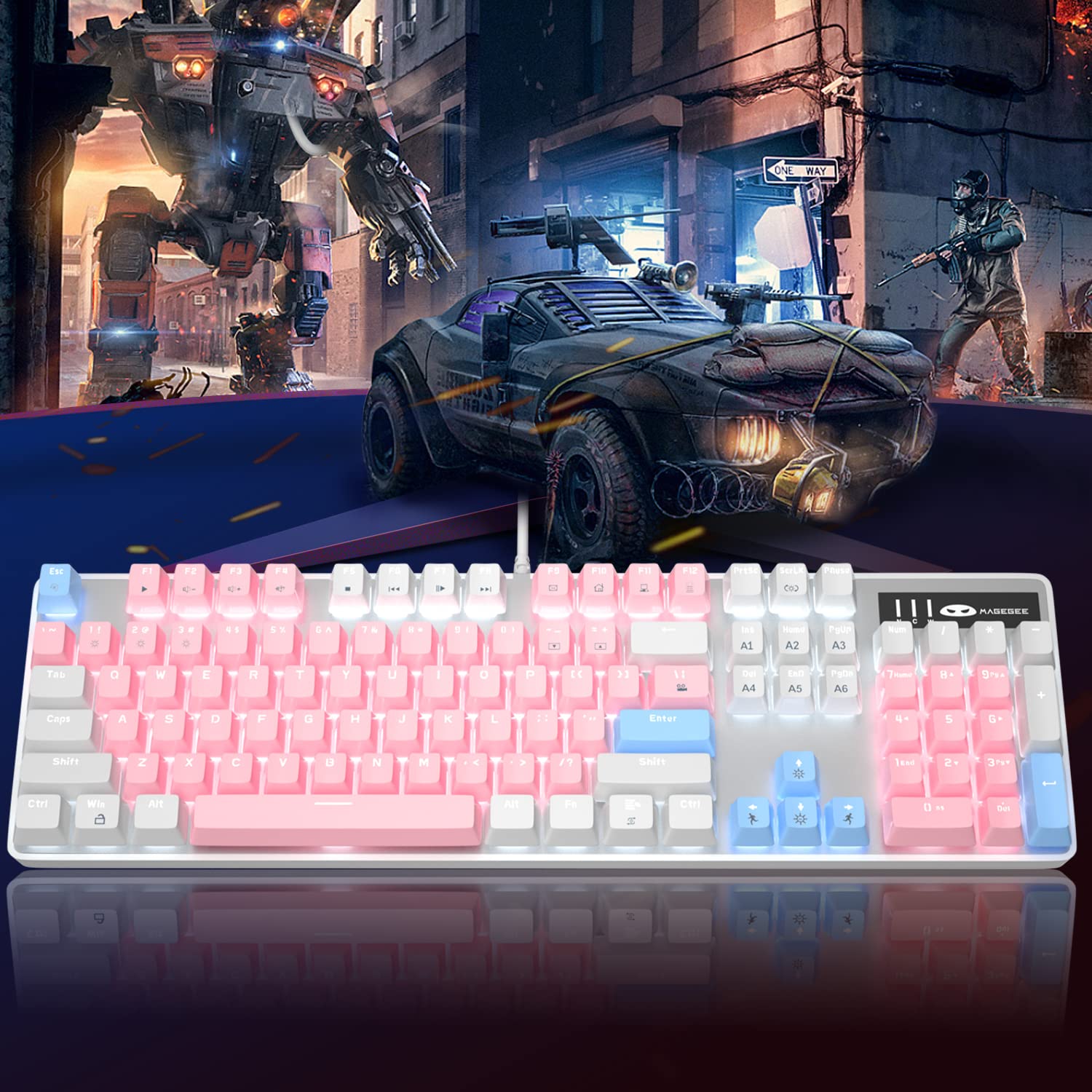 MageGee Mechanical Gaming Keyboard, New Upgraded Blue Switch 104 Keys White Backlit Keyboards, USB Wired Mechanical Computer Keyboard for Laptop, Desktop, PC Gamers(White & Pink)