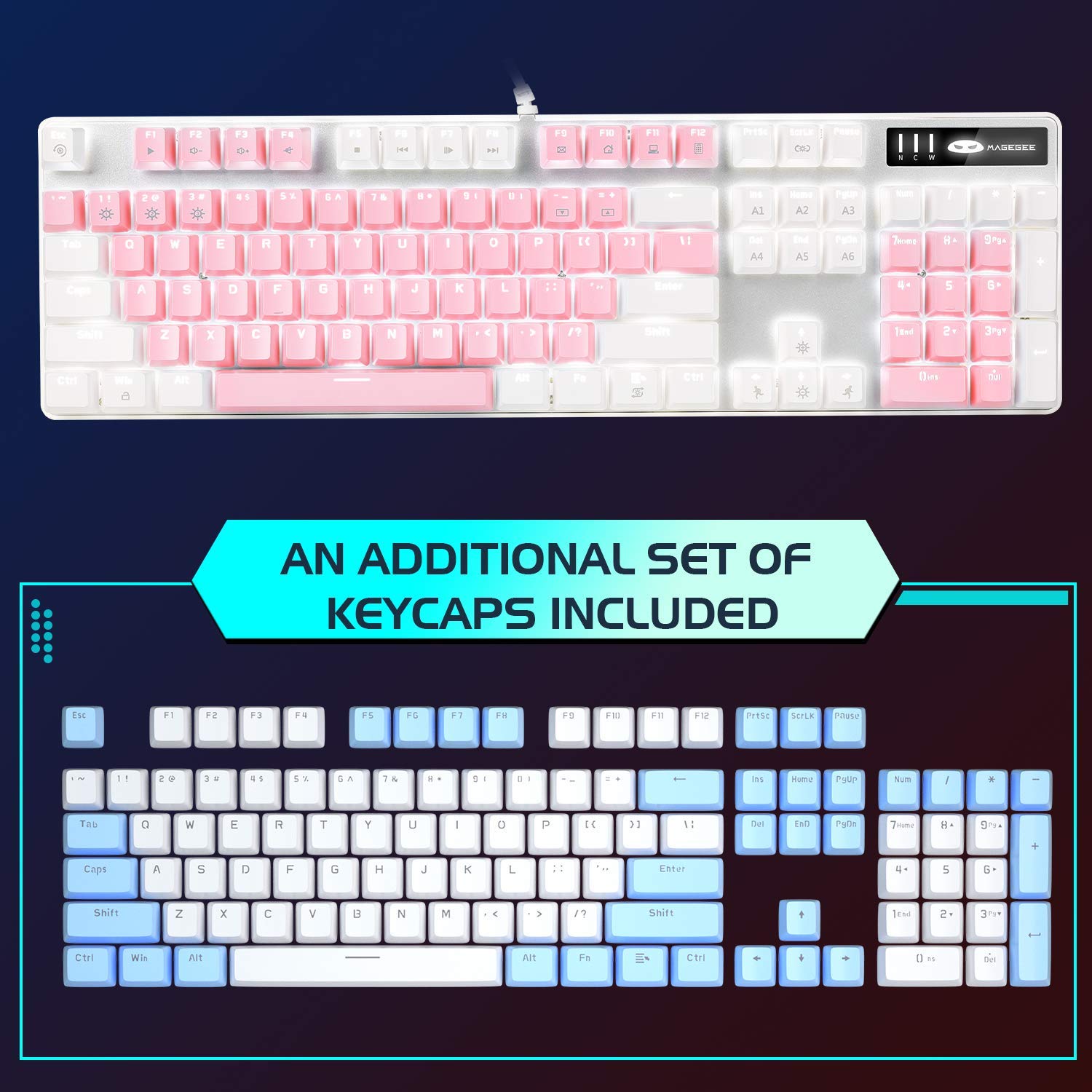 MageGee Mechanical Gaming Keyboard, New Upgraded Blue Switch 104 Keys White Backlit Keyboards, USB Wired Mechanical Computer Keyboard for Laptop, Desktop, PC Gamers(White & Pink)