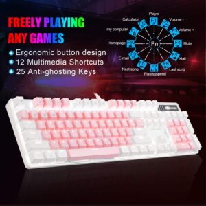 MageGee Mechanical Gaming Keyboard, New Upgraded Blue Switch 104 Keys White Backlit Keyboards, USB Wired Mechanical Computer Keyboard for Laptop, Desktop, PC Gamers(White & Pink)