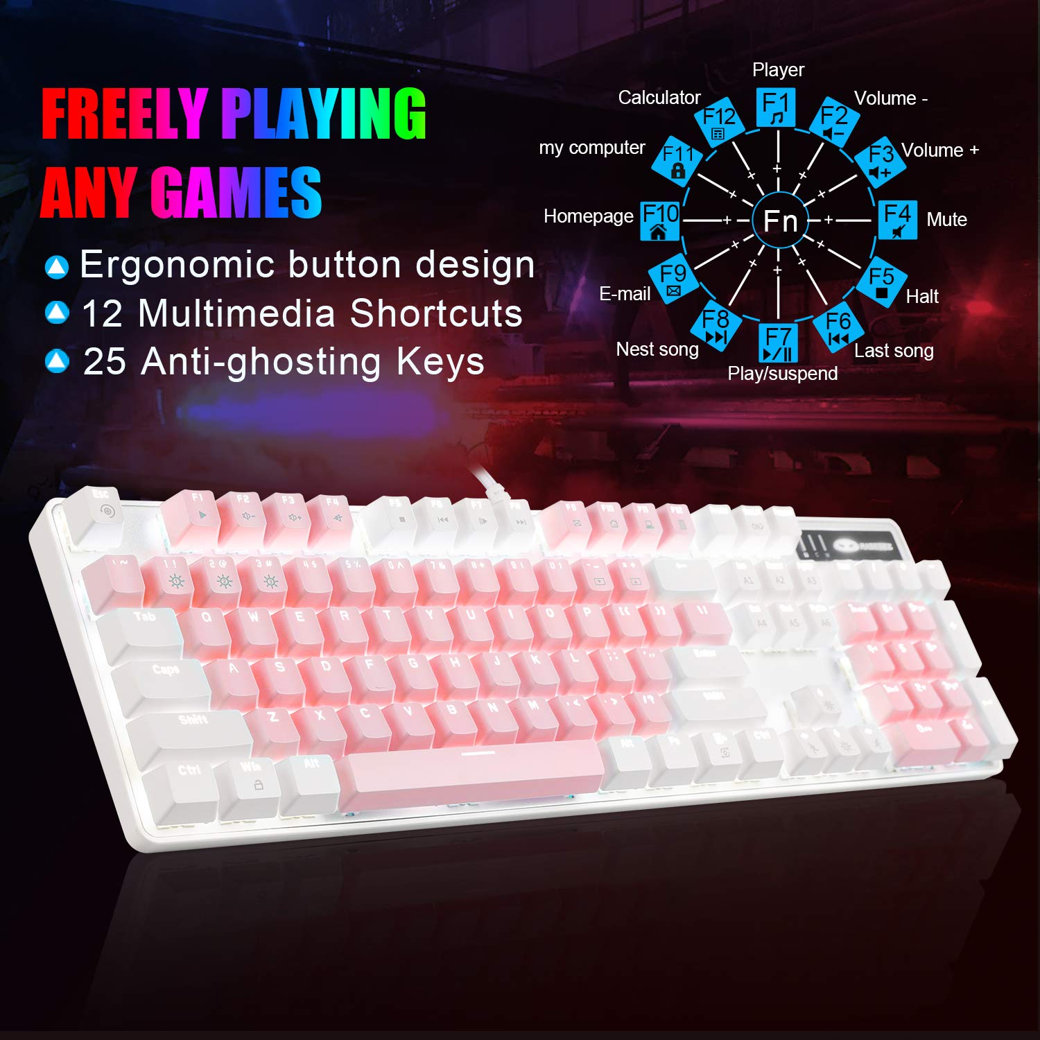 MageGee Mechanical Gaming Keyboard, New Upgraded Blue Switch 104 Keys White Backlit Keyboards, USB Wired Mechanical Computer Keyboard for Laptop, Desktop, PC Gamers(White & Pink)