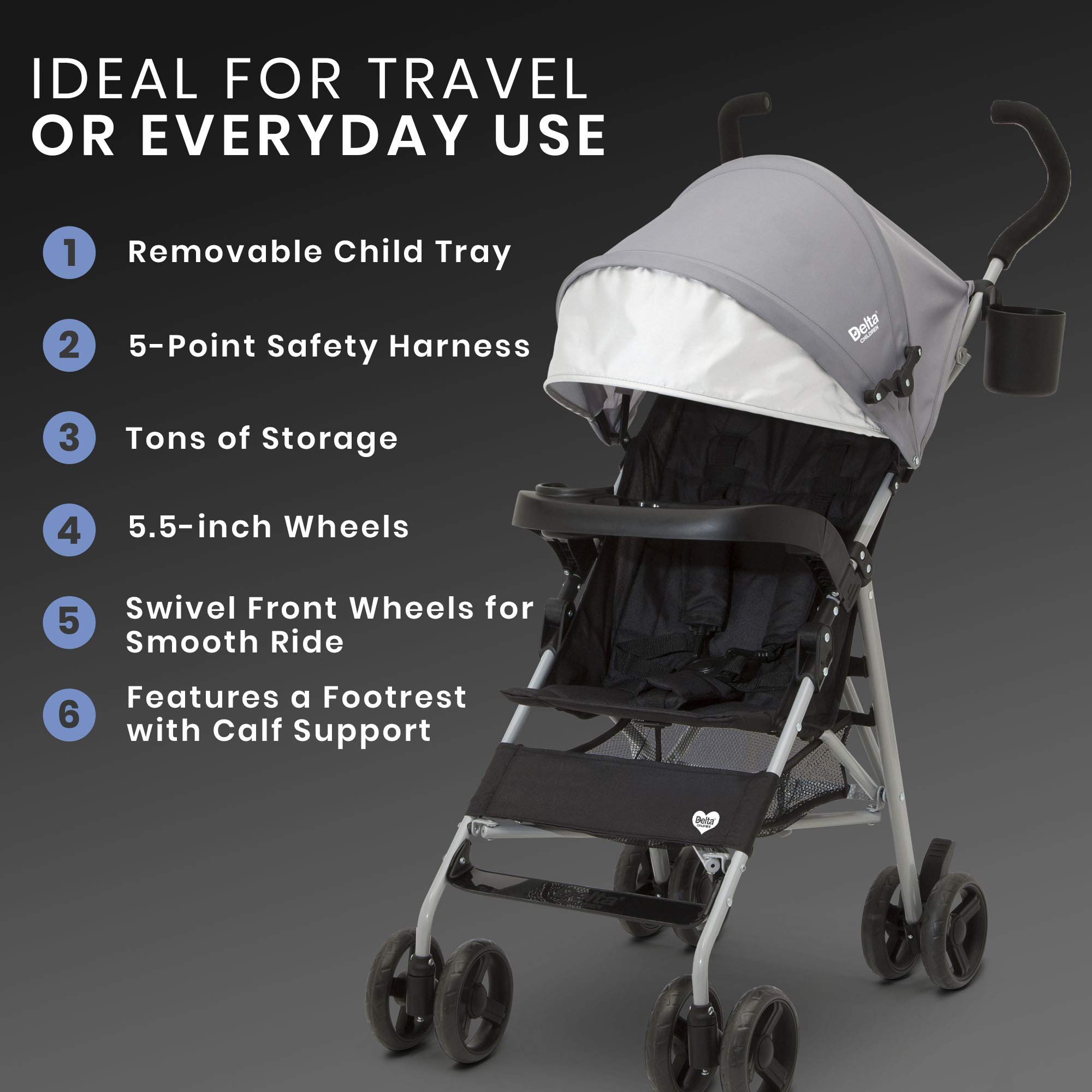 Delta Children 365 Lightweight Stroller - Extremely Lightweight Stroller - Weighs Only 12 lbs. - Ideal for Travel or Everyday Use, Grey