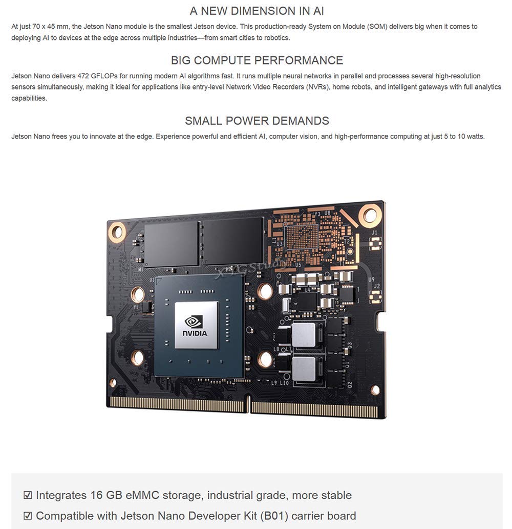 Jetson Nano Module B01 Small Production-ready AI System SOM with 16GB EMMC Embedded IoT Applications for Series Entry-level Network Video Recorder Home Robot Computer etc@XYGStudy (Jetson Nano Module)