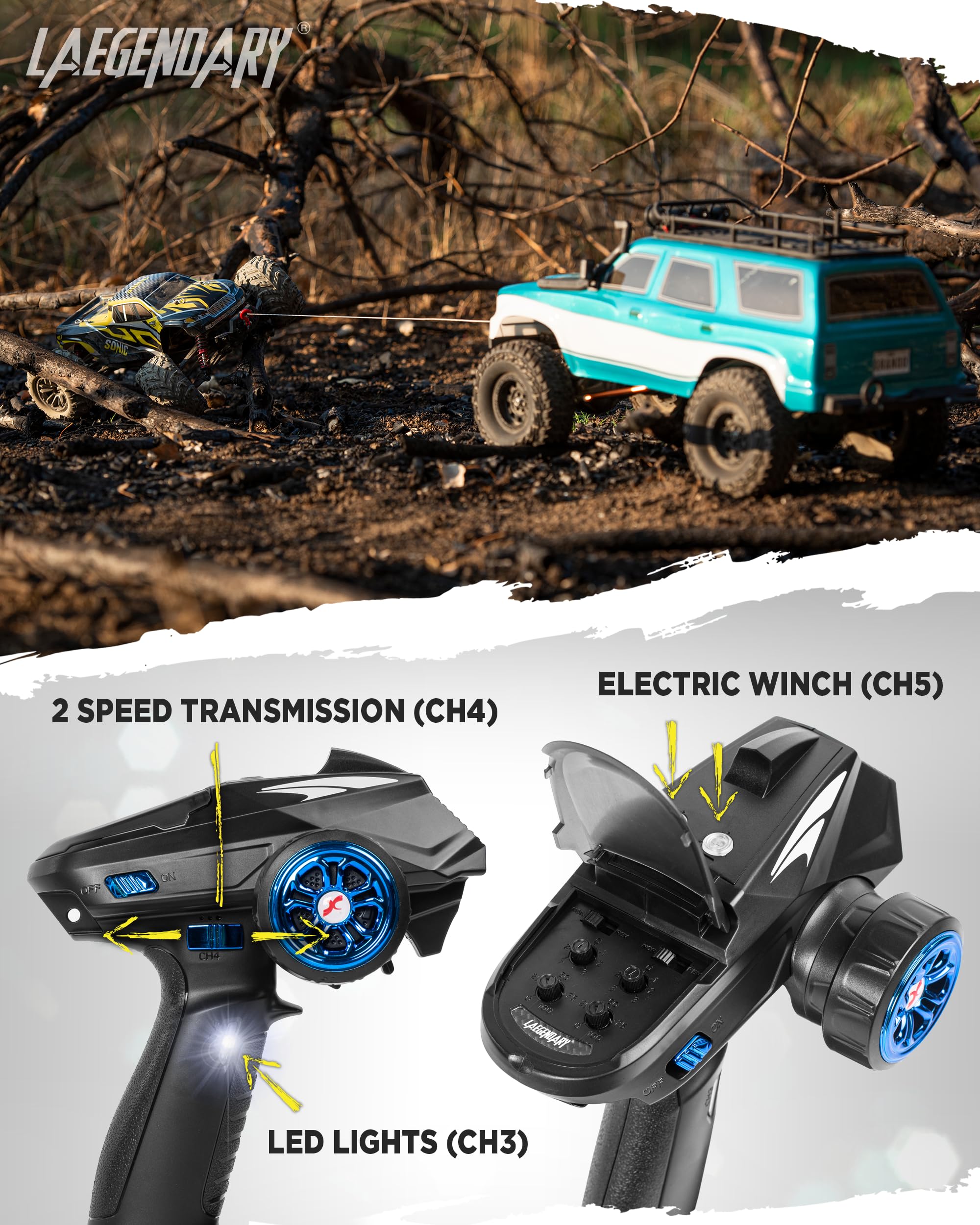 LAEGENDARY RC Crawler - 4x4 Offroad Crawler Remote Control Truck for Adults - RC Rock Crawler, Fast Speed, Electric, Hobby Grade Car - 1:10 Scale, Brushed, Blue - Green