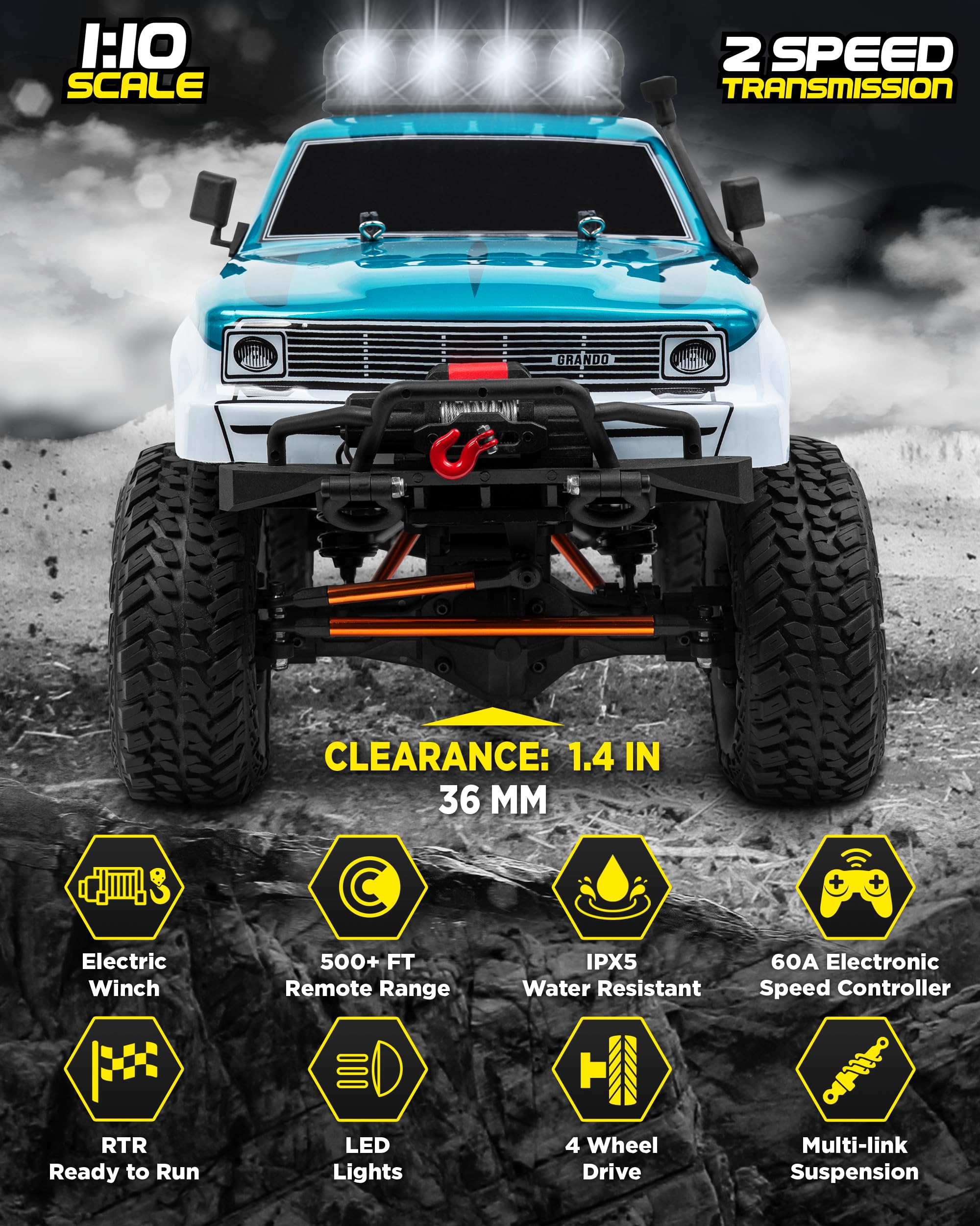 LAEGENDARY RC Crawler - 4x4 Offroad Crawler Remote Control Truck for Adults - RC Rock Crawler, Fast Speed, Electric, Hobby Grade Car - 1:10 Scale, Brushed, Blue - Green