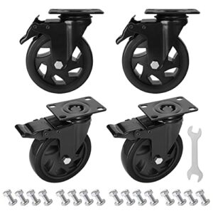 pritek 5 inch caster wheels bearing 1800lbs 4 pack heavy duty rubber plate casters all with safety brake no noise lockable swivel casters (include 16pcs screws)