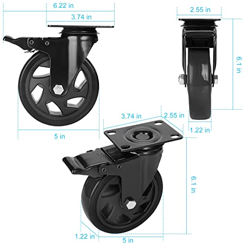 PRITEK 5 inch Caster Wheels Bearing 1800lbs 4 Pack Heavy Duty Rubber Plate Casters All with Safety Brake No Noise Lockable Swivel Casters (Include 16pcs Screws)