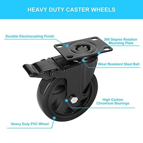 PRITEK 5 inch Caster Wheels Bearing 1800lbs 4 Pack Heavy Duty Rubber Plate Casters All with Safety Brake No Noise Lockable Swivel Casters (Include 16pcs Screws)