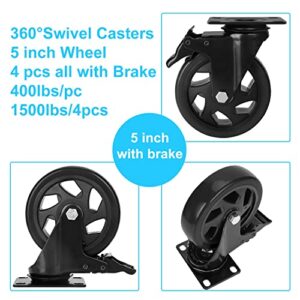 PRITEK 5 inch Caster Wheels Bearing 1800lbs 4 Pack Heavy Duty Rubber Plate Casters All with Safety Brake No Noise Lockable Swivel Casters (Include 16pcs Screws)