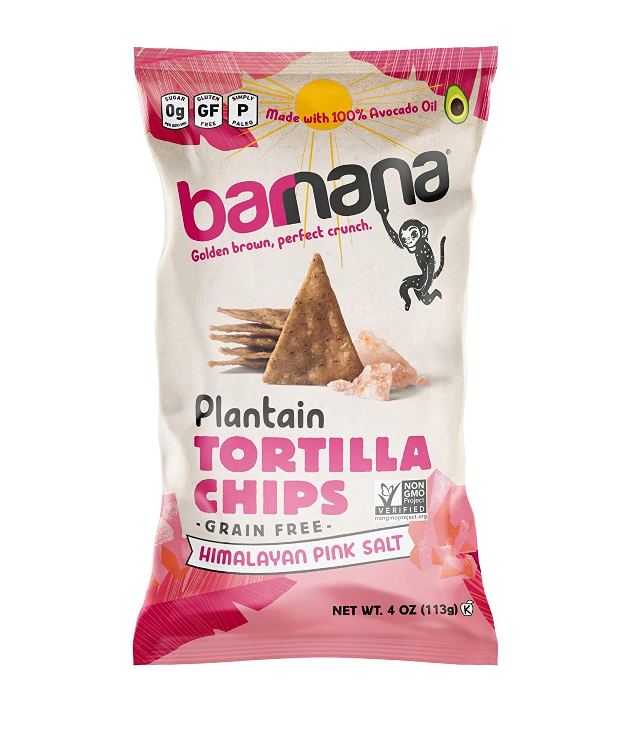 Barnana Grain-Free Plantain Tortilla Chips – Himalayan Pink Salt – 4 Ounce, 1 Pack – Gluten-Free, Corn-Free, Paleo – Golden Brown, Perfect Crunchy Snack - Made With 100% Avocado Oil