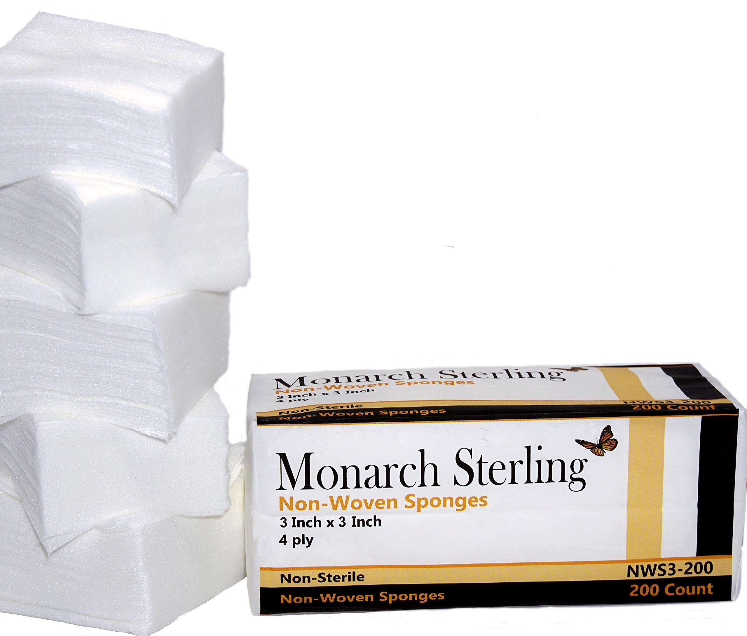 Monarch Sterling Non-Woven Gauze Sponges 3 inch x 3 inch 4 ply Non-Sterile for Wound Dressing, Prepping, Scrubbing and Cleaning - 200 per Pack