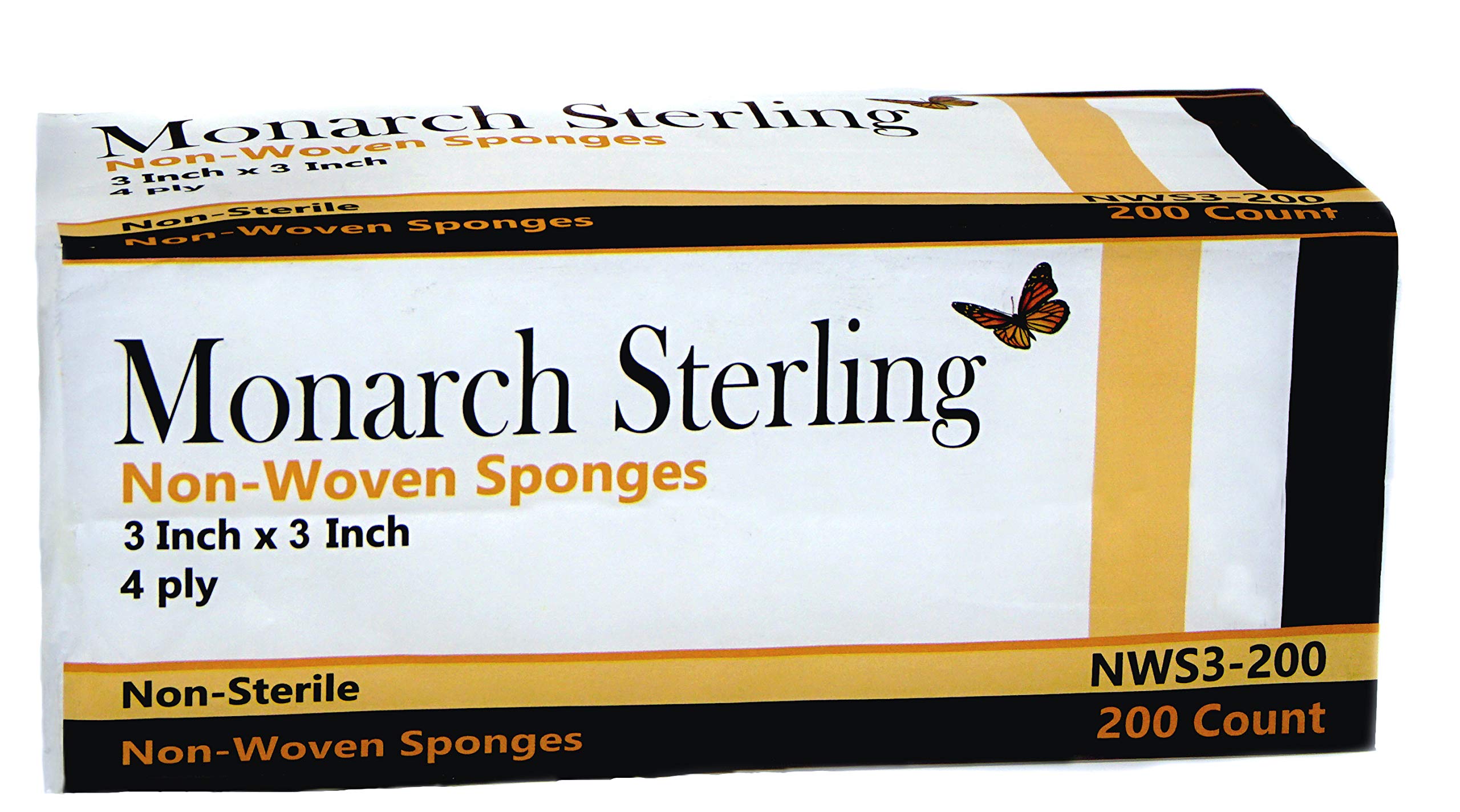 Monarch Sterling Non-Woven Gauze Sponges 3 inch x 3 inch 4 ply Non-Sterile for Wound Dressing, Prepping, Scrubbing and Cleaning - 200 per Pack