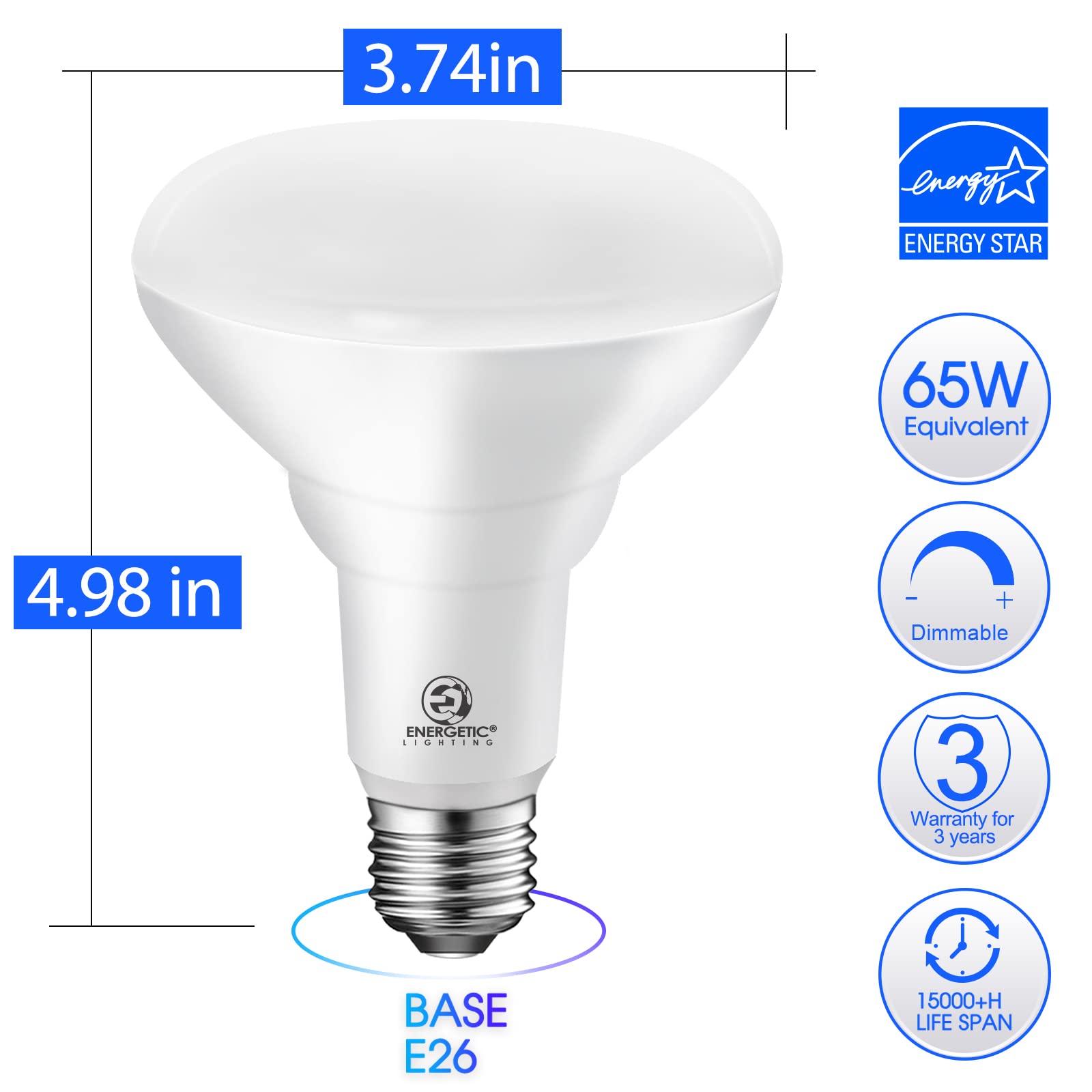 Energetic LED Flood Light Bulbs BR30, 65W Equivalent, Dimmable, Warm White 3000K, 750lm, Indoor Flood Lights for Recessed Cans, Energy Star & CRI 90, UL Listed, 6 Pack