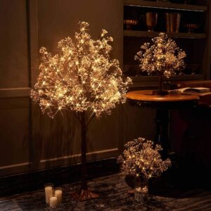 Hairui Lighted Gypsophila Tree 4FT 90 LED Artificial Baby Breath Flowers with Lights for Wedding Party Winter Christmas Holiday Decoration