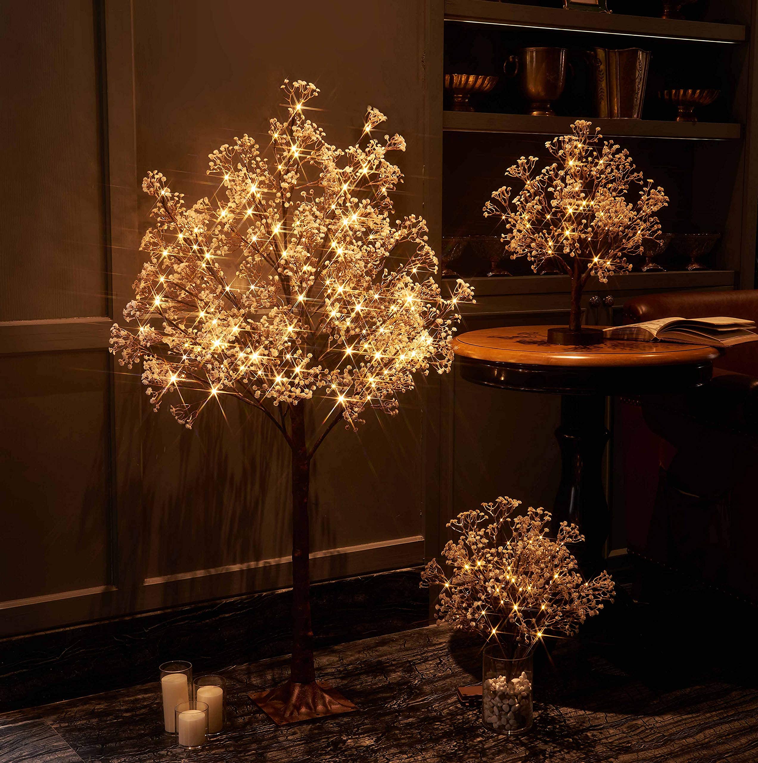 Hairui Lighted Gypsophila Tree 4FT 90 LED Artificial Baby Breath Flowers with Lights for Wedding Party Winter Christmas Holiday Decoration