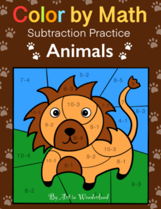 color by math subtraction practice - animals - printable coloring for kids