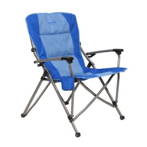 kamp-rite portable folding padded outdoor camping chair with cupholder & hard arms for camping, tailgating, and sports, 300 lb capacity, navy & tan