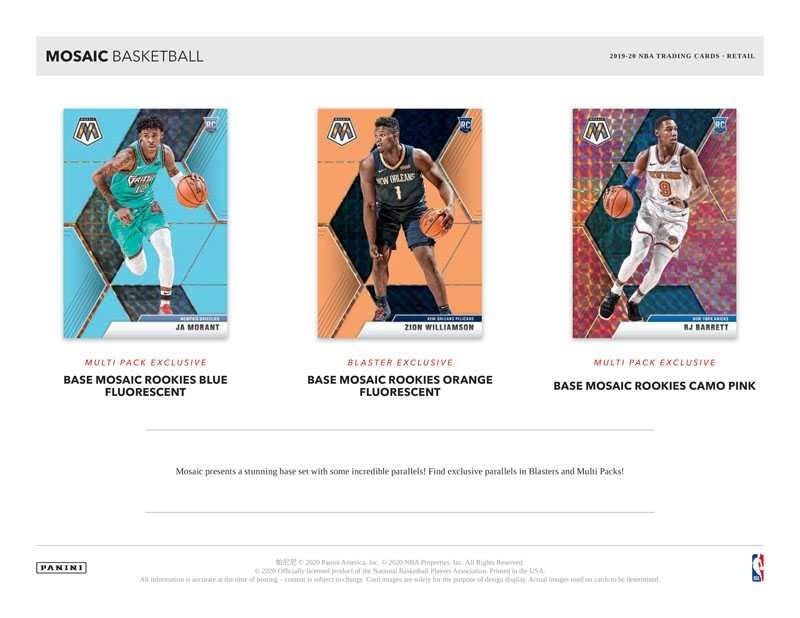 2019-20 Panini MOSAIC Basketball Card Factory Sealed HANGER Box - Exclusive REACTIVE ORANGE PRIZMs - 20 Cards per Box - Find Zion Williamson and Ja Morant Rookie Cards!