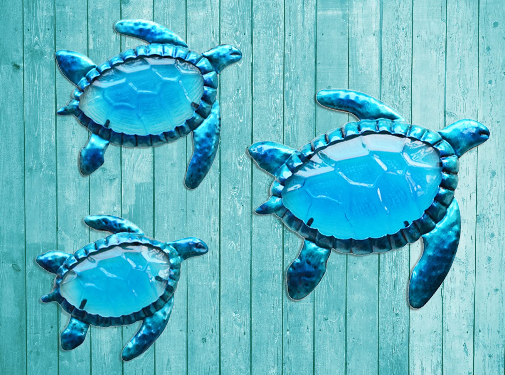 ShabbyDecor Coastal Ocean Sea Metal Turtle Hanging Wall Art Decor for Garden Patio Pool Outdoor or Indoor Set of 3