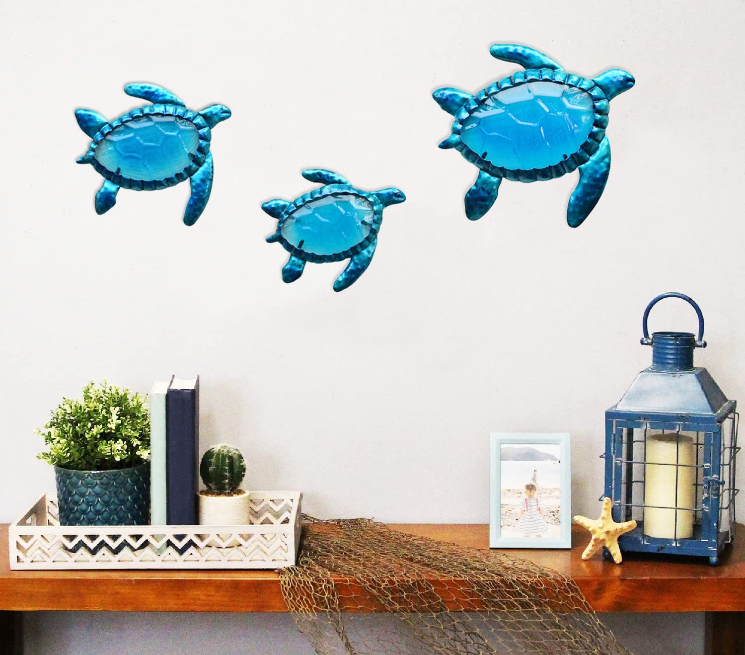 ShabbyDecor Coastal Ocean Sea Metal Turtle Hanging Wall Art Decor for Garden Patio Pool Outdoor or Indoor Set of 3