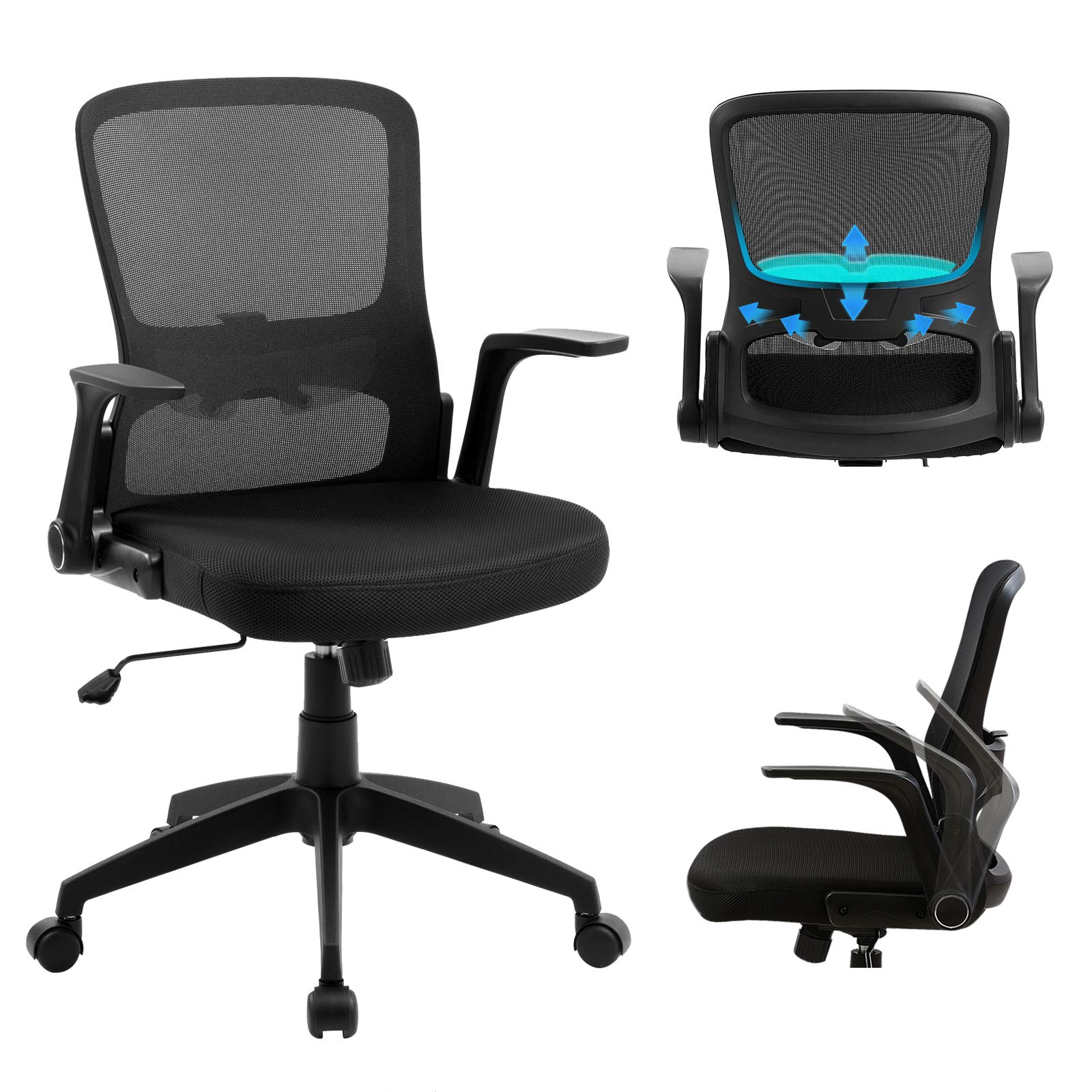 Office Chair, Mesh Computer Desk Chair Mid-Back Ergonomic Adjustable Swivel Chair with Lumbar Support Armrests for Students, Home Office, Black