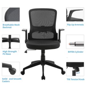 Office Chair, Mesh Computer Desk Chair Mid-Back Ergonomic Adjustable Swivel Chair with Lumbar Support Armrests for Students, Home Office, Black