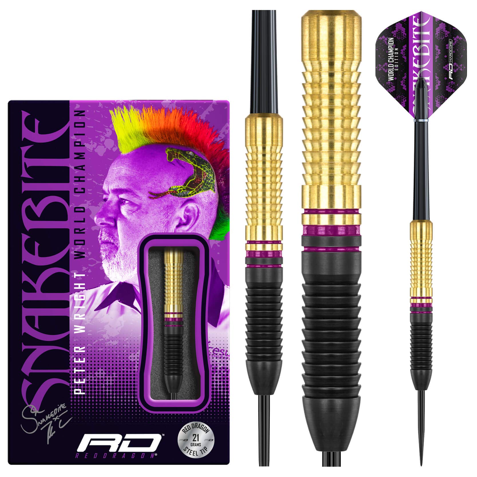 RED DRAGON Peter Wright Snakebite World Champion 2020 Brass Edition Darts Set Including Flights and Stems