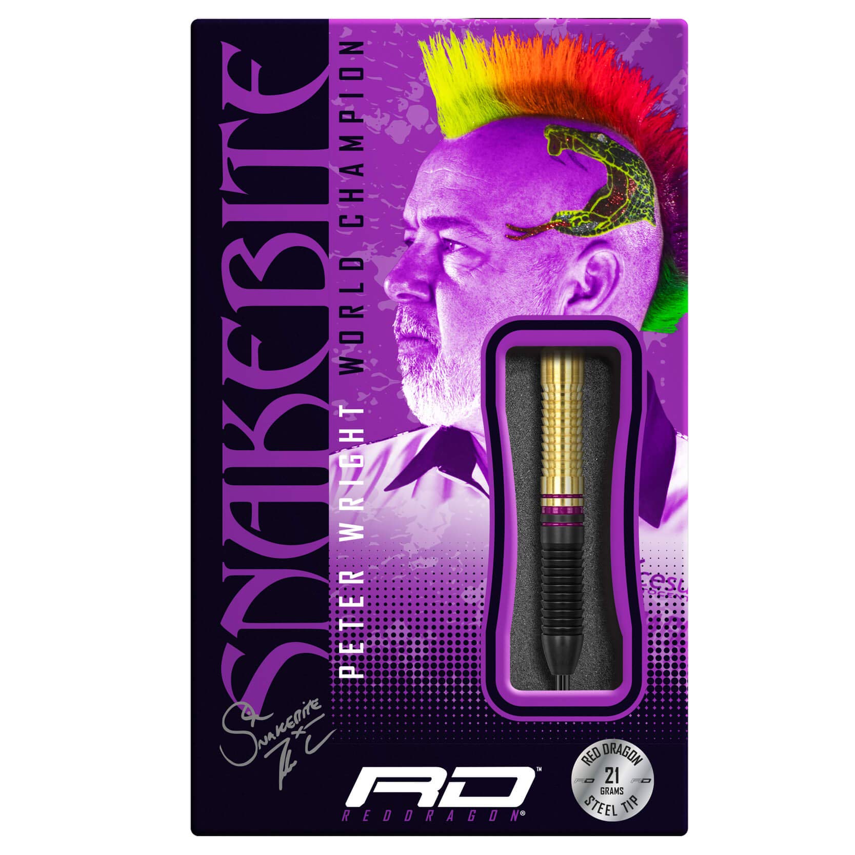 RED DRAGON Peter Wright Snakebite World Champion 2020 Brass Edition Darts Set Including Flights and Stems