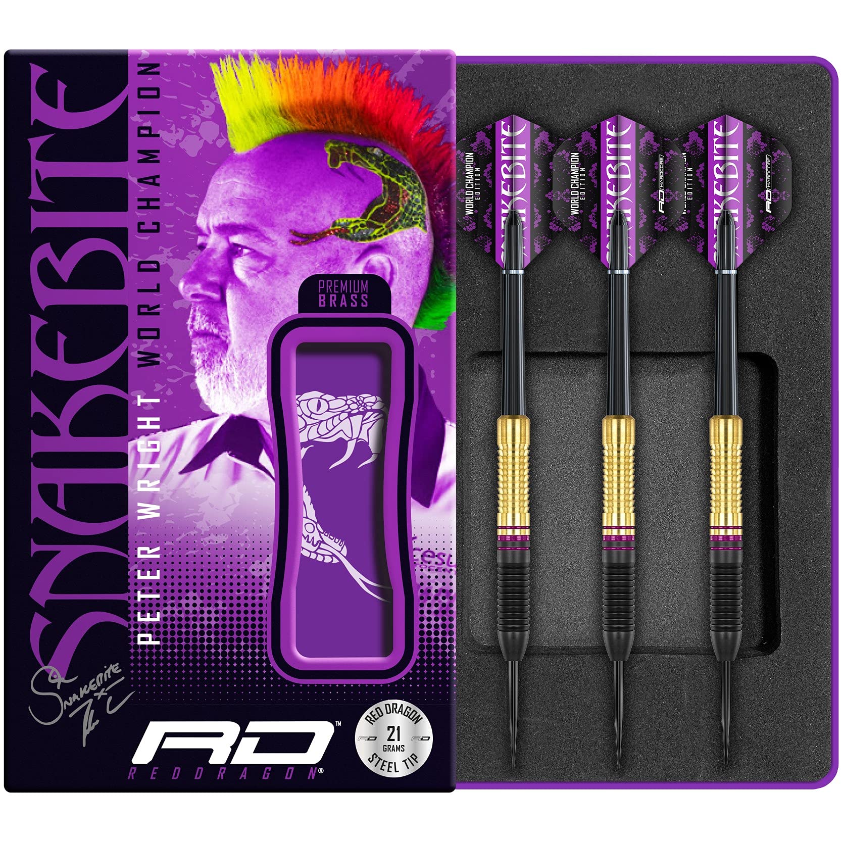 RED DRAGON Peter Wright Snakebite World Champion 2020 Brass Edition Darts Set Including Flights and Stems