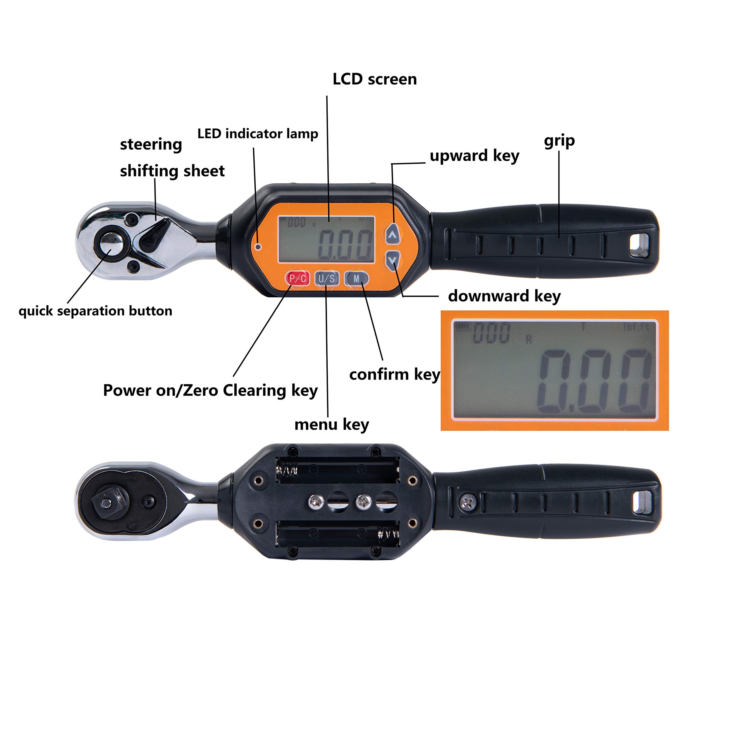 Beslands 3/8 inch Digital Torque Wrench, 1.3-44.25 ft-lbs Range Accurate of Clockwise ±2% / Counterclockwise ± 2.5% LED and Buzzer Calibrated (15.93-531.04 in-lbs) (1.8 to 60 Nm)