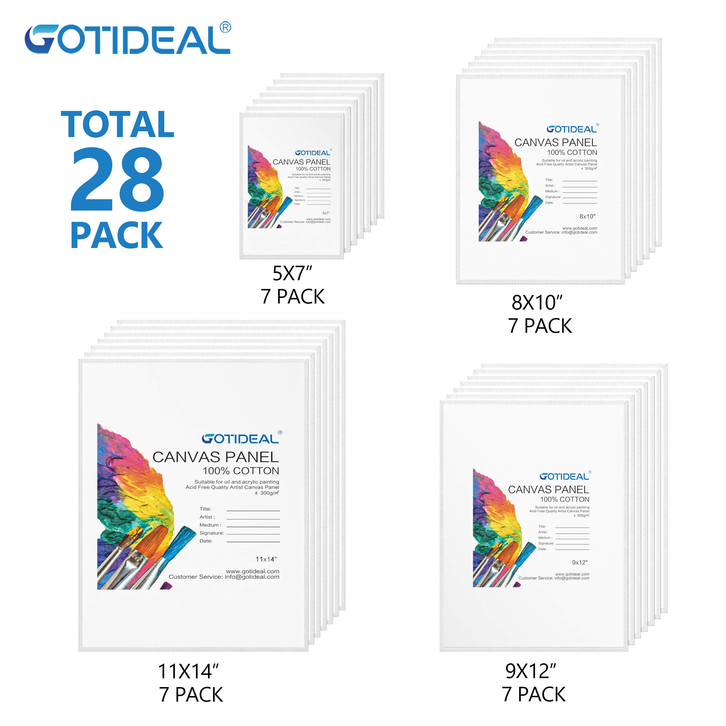 GOTIDEAL Canvas Boards for Painting Multi Pack, Primed 5x7", 8x10", 9x12", 11x14" Set of 28, White Blank Canvas Panel- 100% Cotton Artist Canvases Pack for Painting, Acrylic Paint, Oil, Watercolor