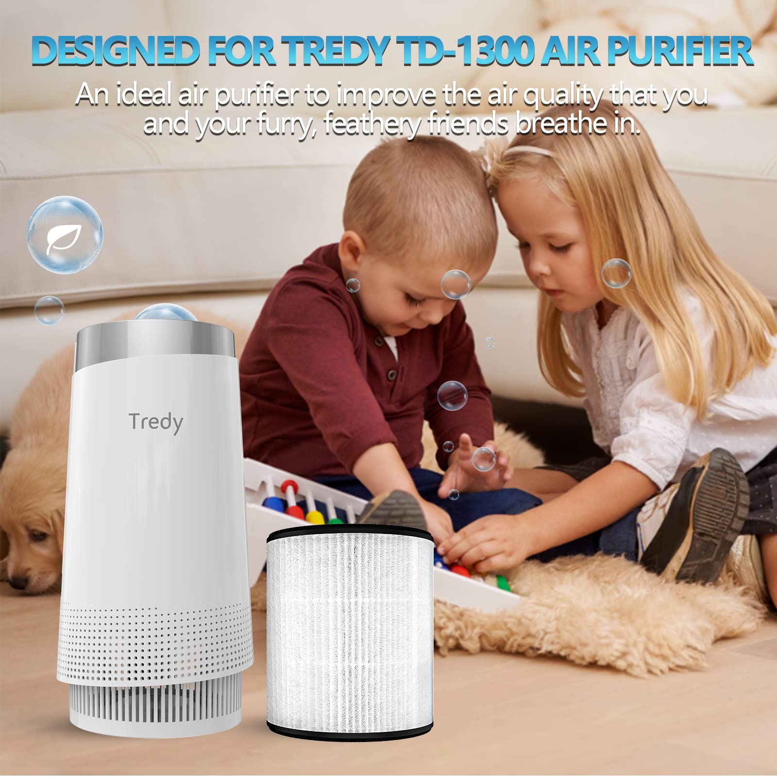 Tredy TD-1300 Air Purifier Replacement Filter, H13 True HEPA, for Pets Hair Smoke Dust Pollen