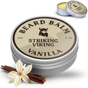 Striking Viking Vanilla Beard Balm - Styles, Strengthens & Softens Beards & Mustaches - Natural Beard Conditioner Wax with Organic Shea Butter, Tea Tree, Argan & Jojoba Oils (Vanilla)