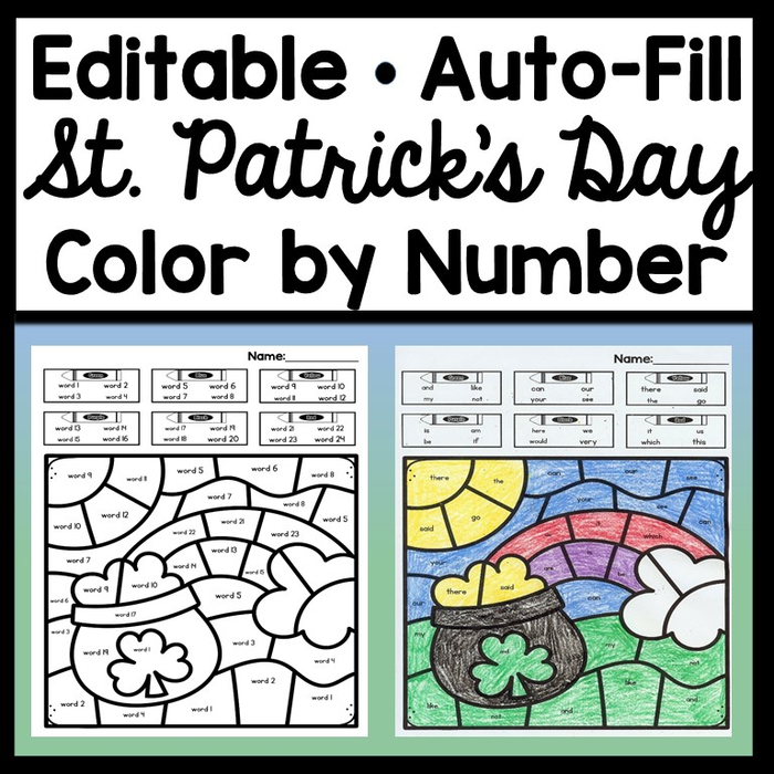 Color by Number for St Patrick's Day - Editable with Auto-Fill! {6 St. Patrick's day Coloring Pages!}