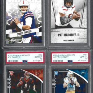 PSA 10 JOSH ALLEN PATRICK MAHOMES JOE BURROW JUSTIN HERBERT 4 CARD ROOKIE LOT LEAF & PANINI ABSOLUTE GRADED PSA GEM MINT 10 SUPERSTAR QUARTERBACKS