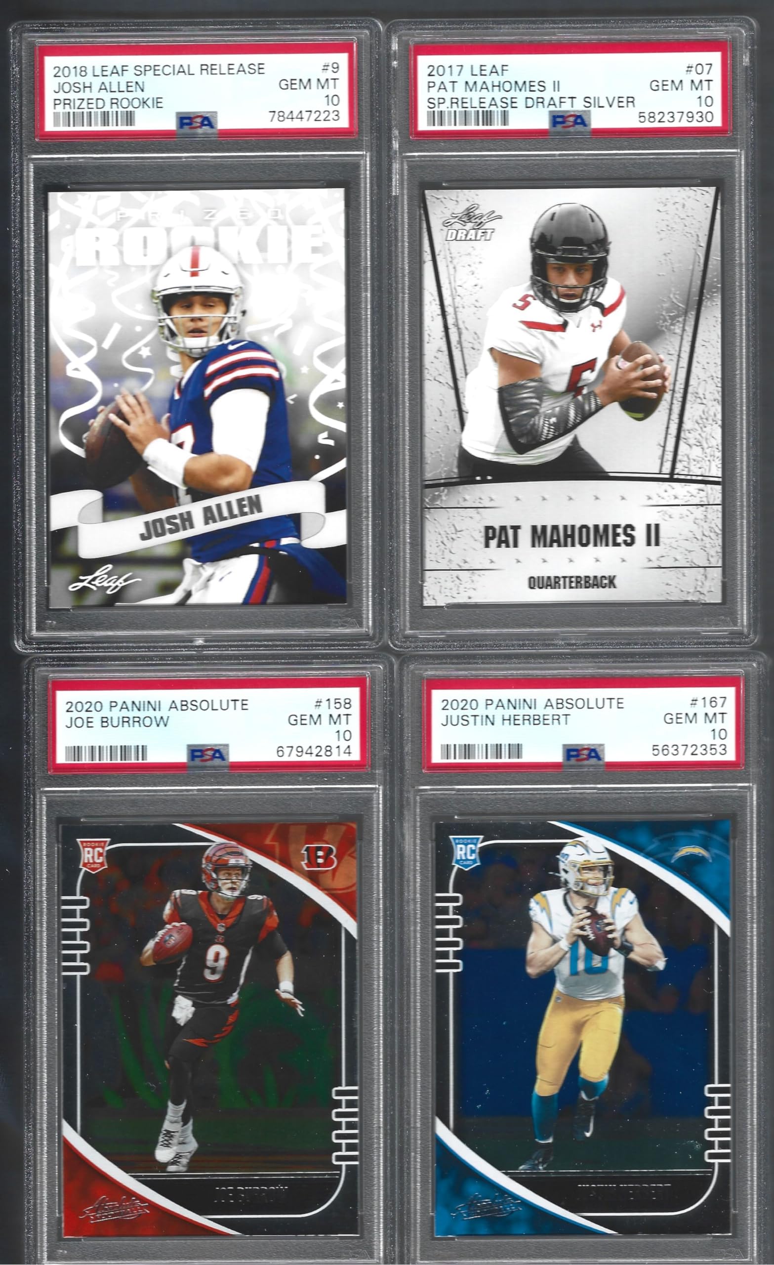 PSA 10 JOSH ALLEN PATRICK MAHOMES JOE BURROW JUSTIN HERBERT 4 CARD ROOKIE LOT LEAF & PANINI ABSOLUTE GRADED PSA GEM MINT 10 SUPERSTAR QUARTERBACKS