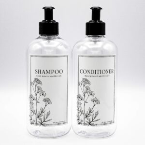 Modern Refillable Shampoo and Conditioner Dispensers by AylaMae | 500ml / 16.9oz PET Plastic Bottles (Clear with Printed Labels)