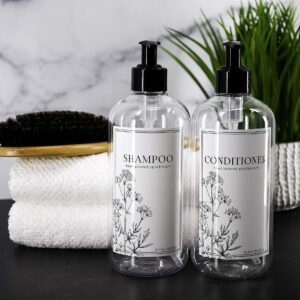 Modern Refillable Shampoo and Conditioner Dispensers by AylaMae | 500ml / 16.9oz PET Plastic Bottles (Clear with Printed Labels)