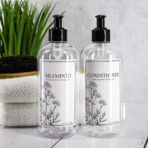 Modern Refillable Shampoo and Conditioner Dispensers by AylaMae | 500ml / 16.9oz PET Plastic Bottles (Clear with Printed Labels)