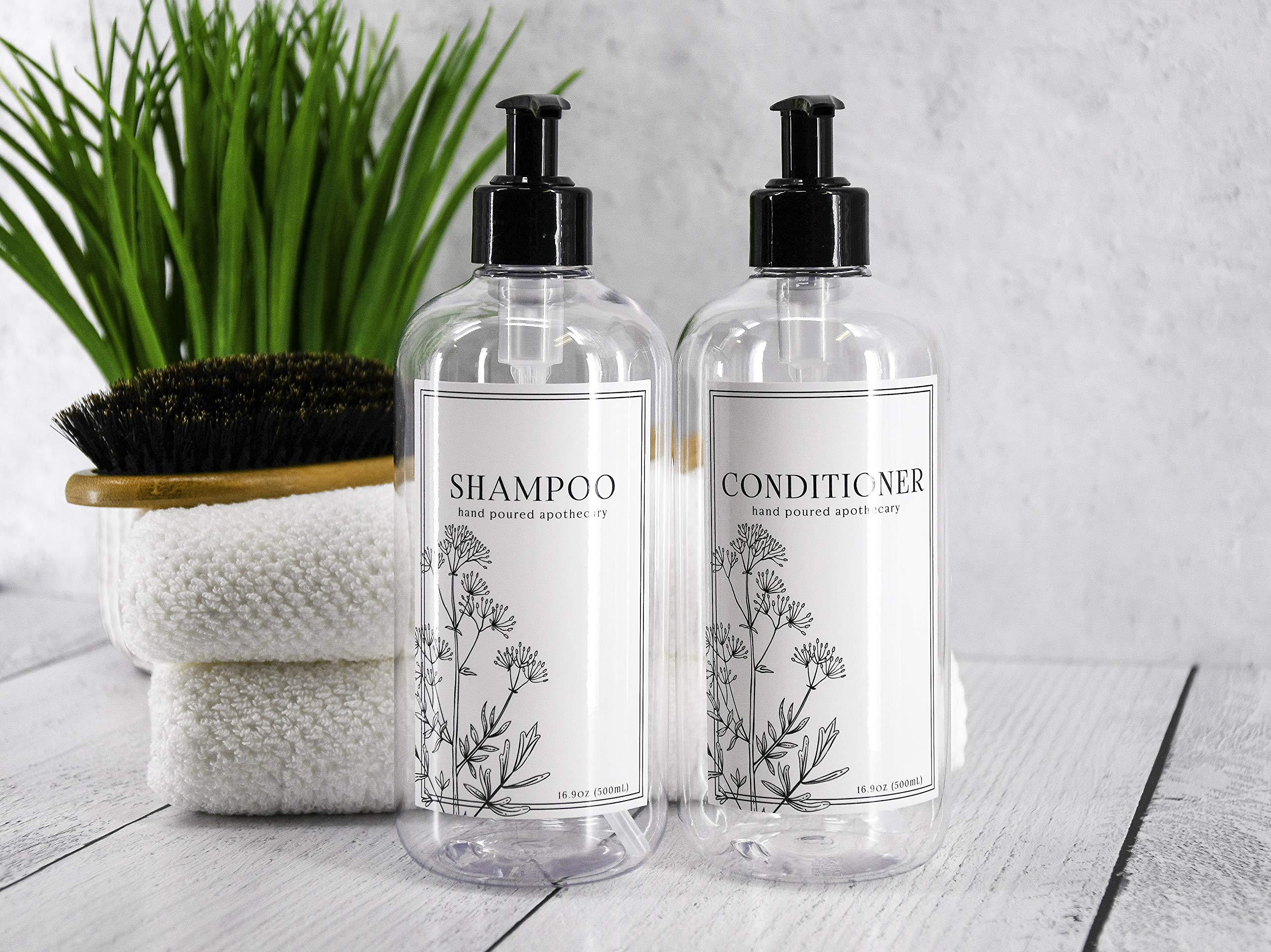 Modern Refillable Shampoo and Conditioner Dispensers by AylaMae | 500ml / 16.9oz PET Plastic Bottles (Clear with Printed Labels)