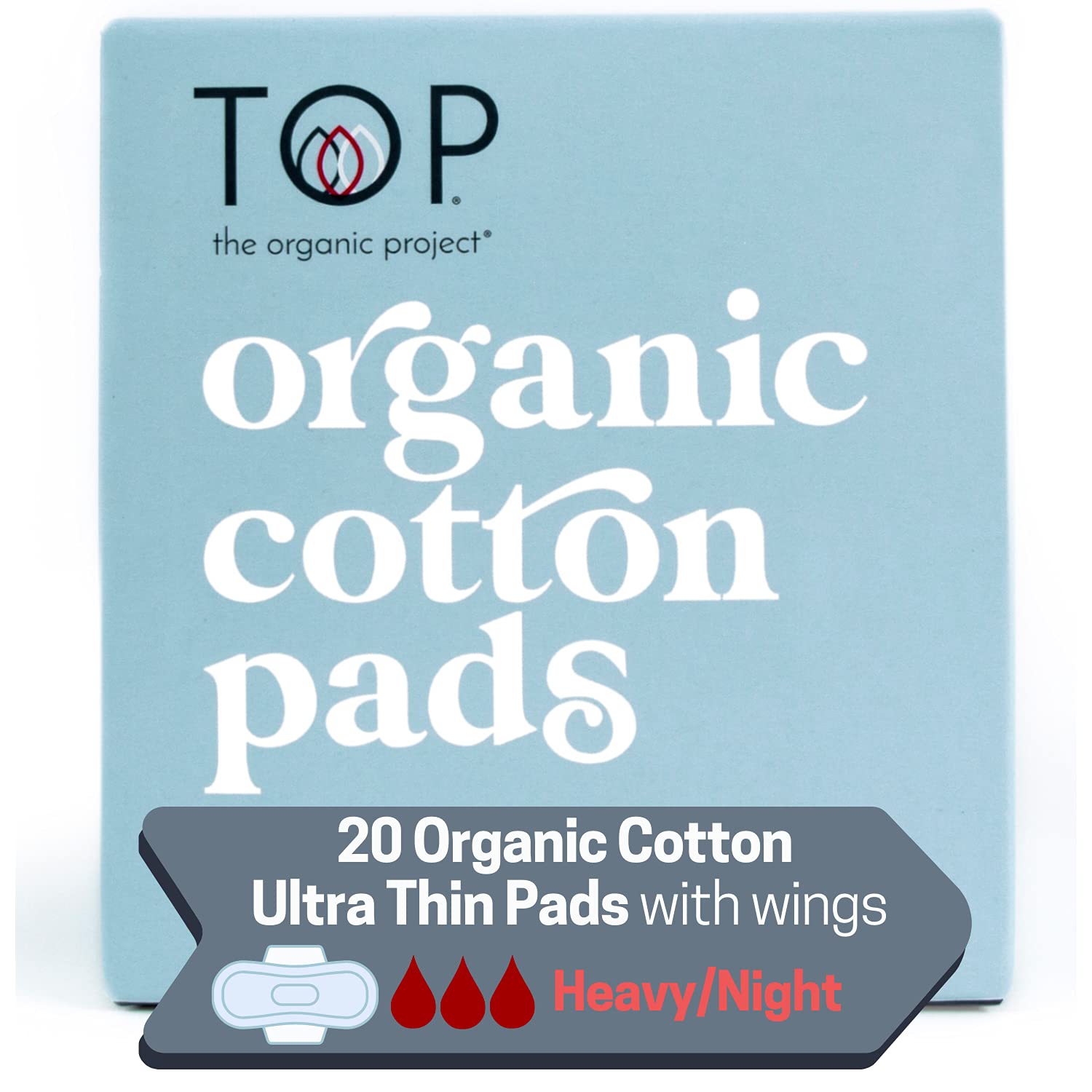 TOP the organic project: Ultra Thin Super (Night) Absorbent Pads w/Wings - Certified 100% Organic Cotton | Non-Toxic, Biodegradable (Natural Sanitary Napkin, Breathable, Unscented), 20 Ct